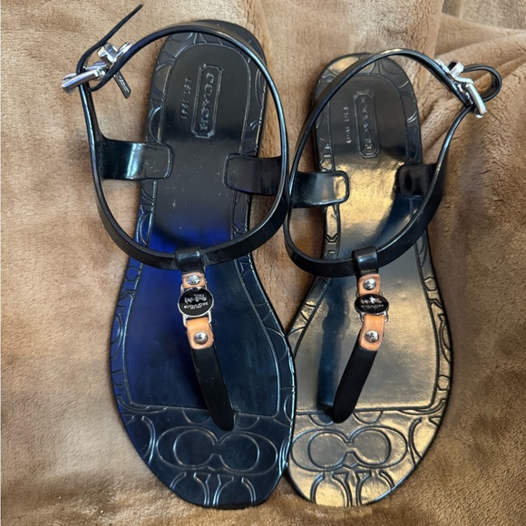 Coach | Shoes | Coach Black Sandals With Silver And Tan Accents | Poshmark